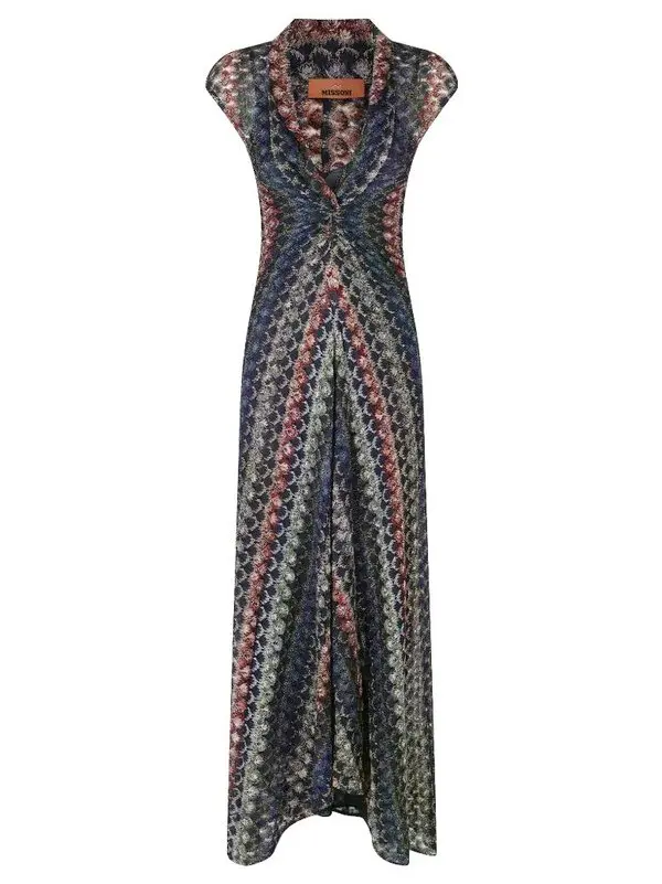 Missoni Zigzag-knit Gathered-detail Maxi Dress - Blue