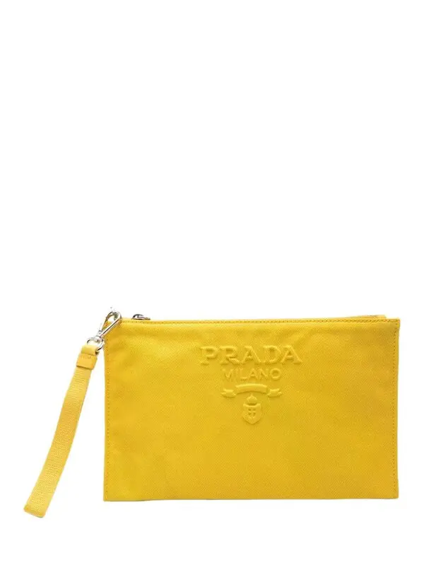 Prada Embossed Logo Canvas Wristlet Clutch Bag - Yellow