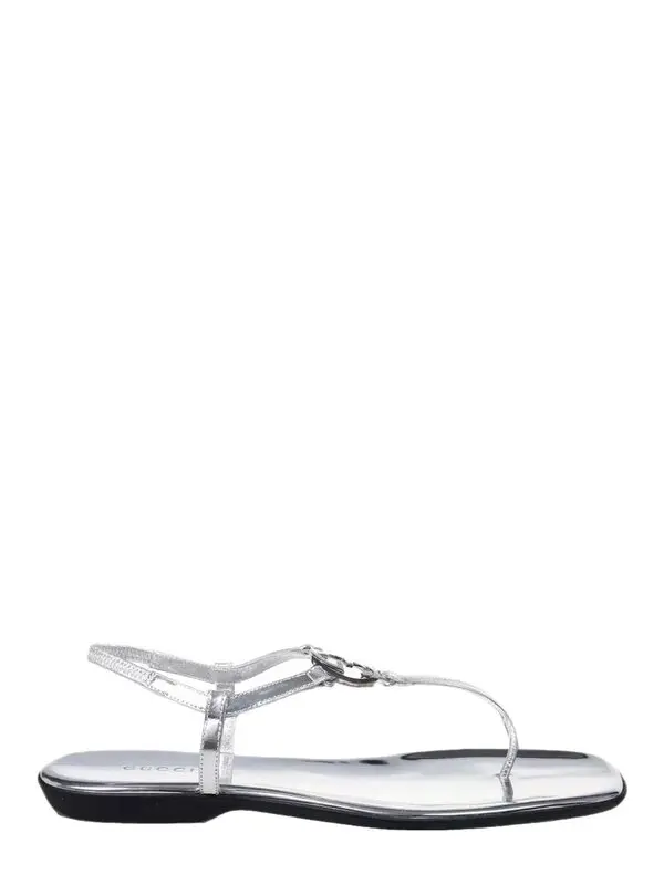 Gucci Metallic Leather Thong Sandals With Interlocking G - Silver
