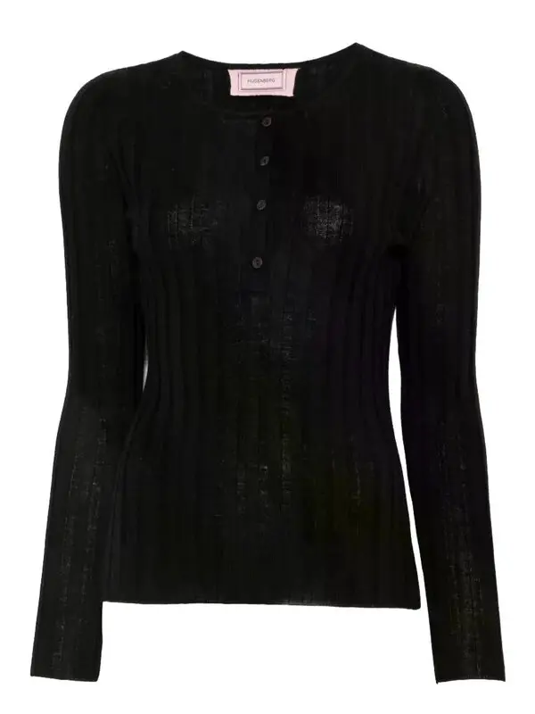 HUGENBERG Ribbed Knit Henley Long Sleeve Top - Black