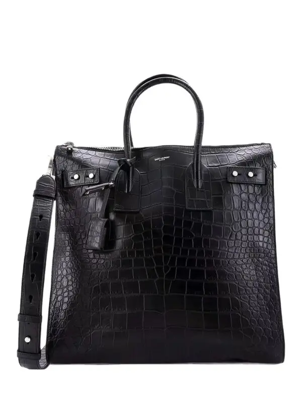 Saint Laurent Sac De Jour Souple Zip Crocodile Embossed Leather North South Tote Bag - Black