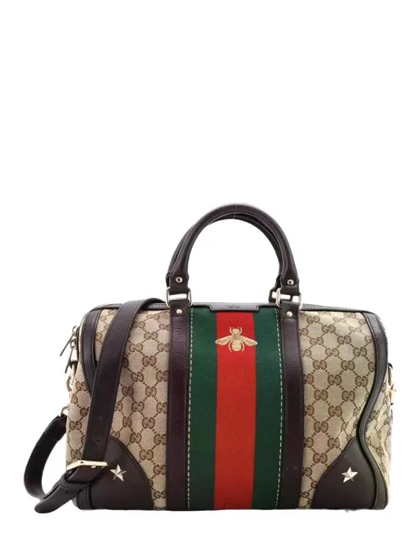 Gucci Vintage Bee Web Boston Bag Gg Canvas Medium Satchel - Brown