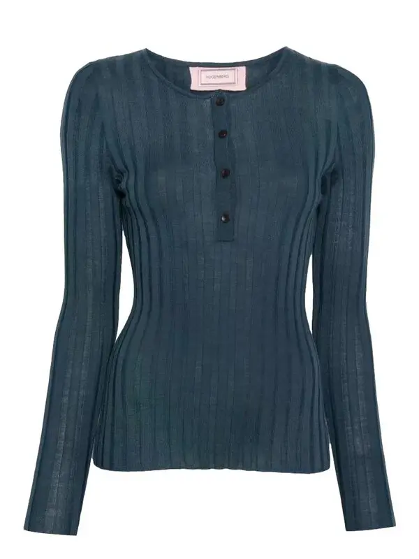 HUGENBERG Ribbed Knit Round Neck Long Sleeve Sweater - Blue