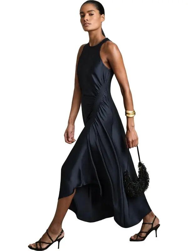 REISS Blue Shirred Satin Midi Dress - Navy