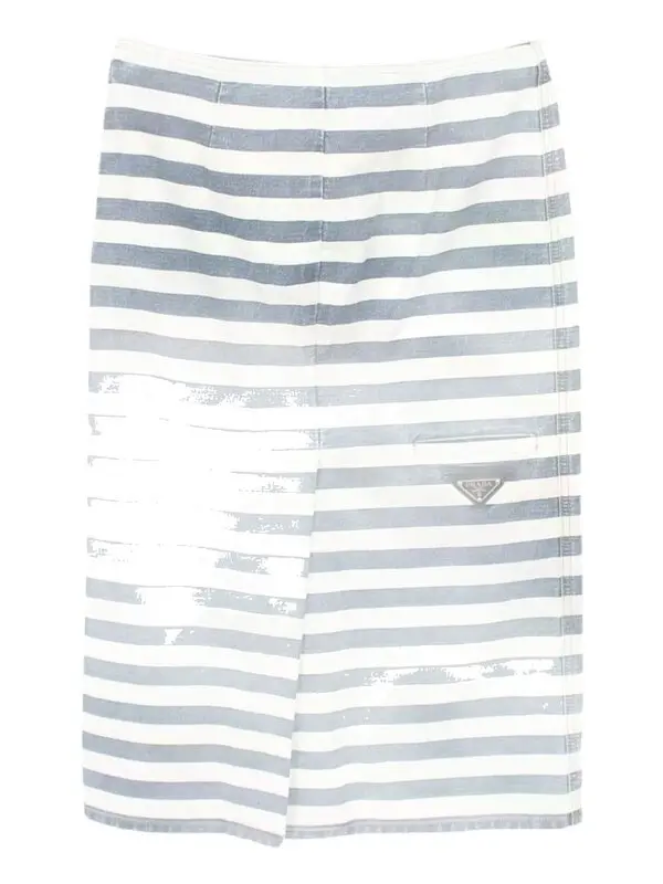 Prada Striped Denim Skirt With Logo Plate - Blue