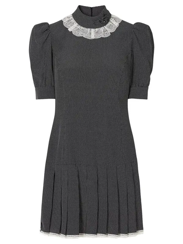 Alessandra Rich Pleated Lace-trimmed Polka-dot Silk-crepe De Chine Mini Dress - Black