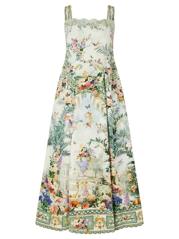 Camilla Art For The Empress Lace-trimmed Printed Cotton-blend Midi Dress - Multi