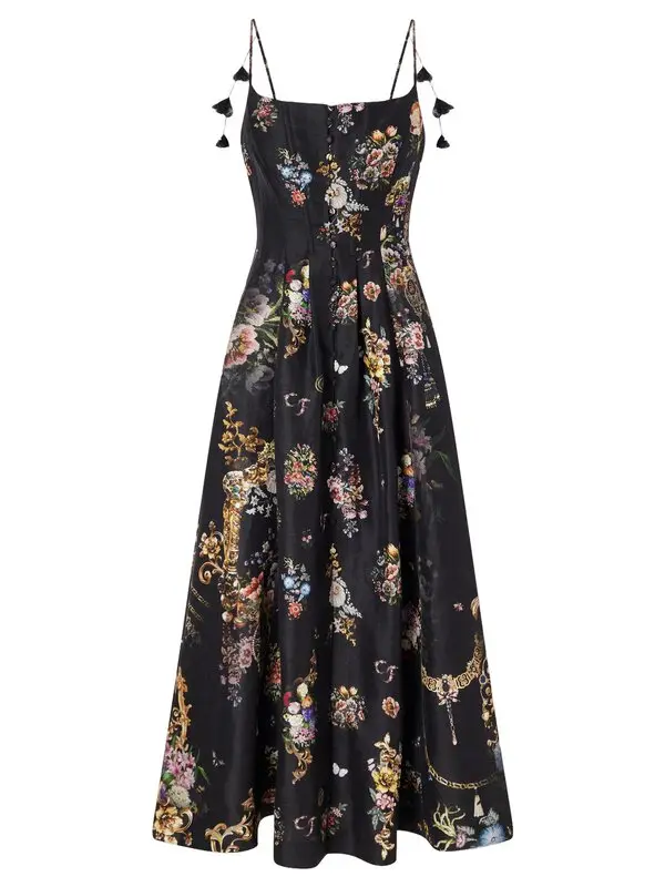 Camilla Flamenco Folklore Floral-print Linen And Silk-blend Dupioni Midi Dress - Multi