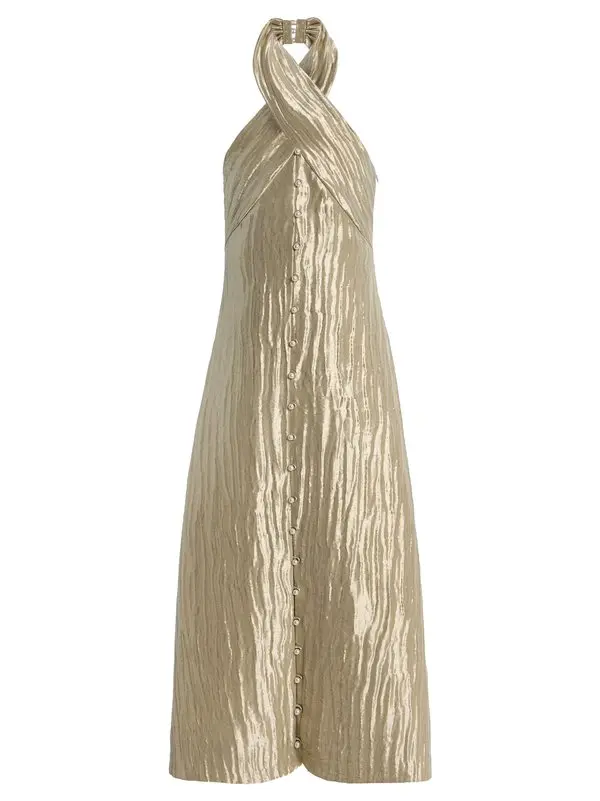 Rosie Assoulin Twisted Lamé Maxi Halter Dress - Silver