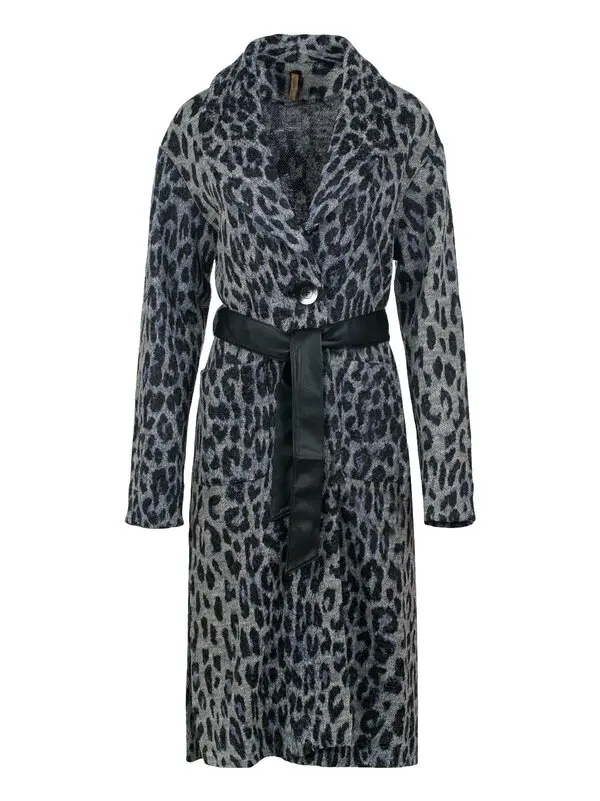 CONQUISTA Animal Print Wool Blend Long Coat With Faux Leather Belt - Black