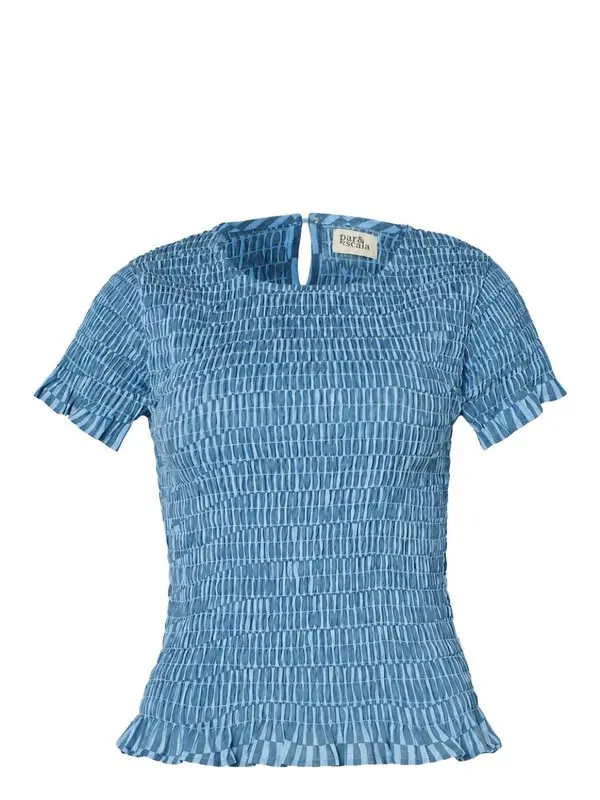 PAR Y ESCALA Matilda Smocked Cotton T-shirt With Ruffled Hem - Blue