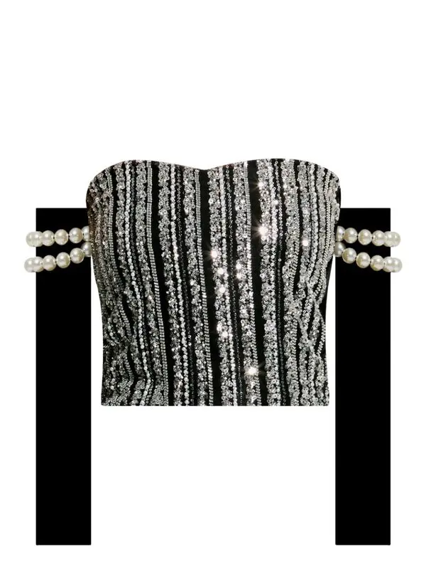 NUR KARAATA Sequin Embellished Strapless Top With Velvet Gloves - Black