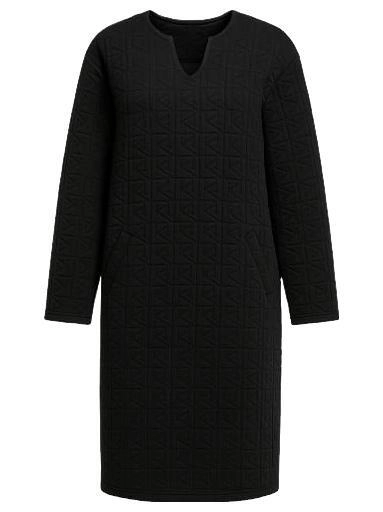 CONQUISTA Relaxed Long Sleeve Sack Style Midi Dress In Quilt Jersey With Side Pockets - Black