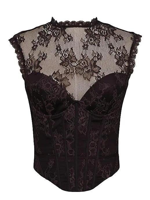 House Of Cb Serida Lace-embroidered Stretch-woven Corset Top - Chocolate Brown