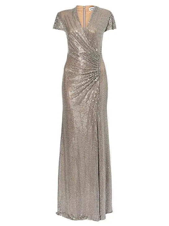 SELF-PORTRAIT Rhinestone-embellished V-neck Stretch-woven Maxi Dress - Grey