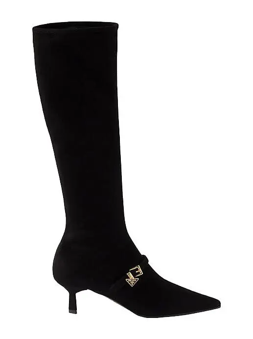 Prada Stretch Suede Buckled Heeled Tall Boots - Black