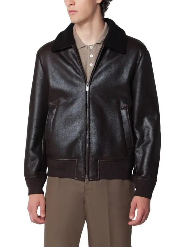 SALVATORE SANTORO Dark Leather Bomber Jacket - Brown