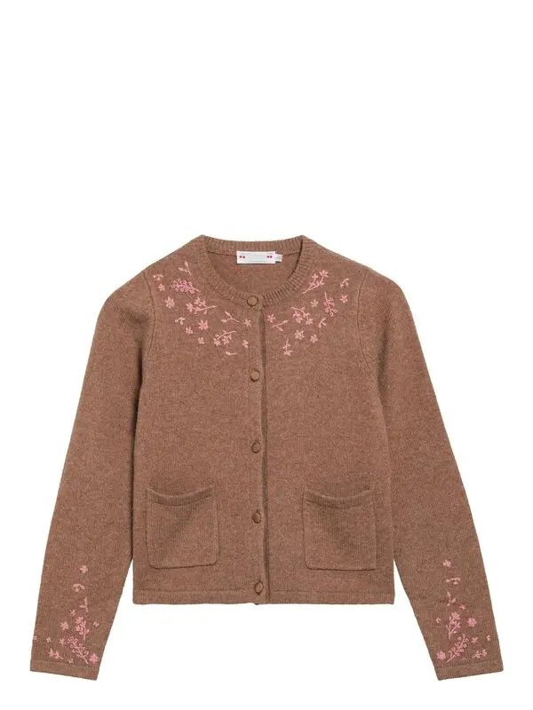 Bonpoint Beige Wool-blend Cardigan With Floral Embroidery - Brown