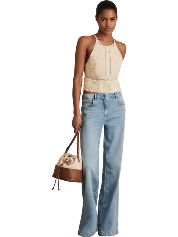 REISS Cotton Crochet Tie-back Cropped Top - Cream