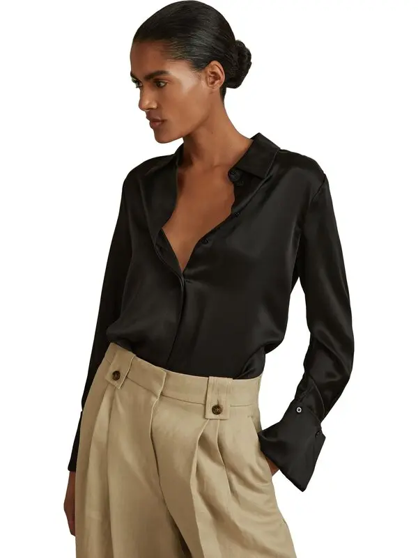 REISS Silk Double-cuff Button-through Shirt - Black