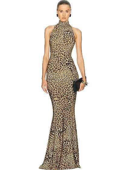 Norma Kamali Halter Turtle Fishtail Gown - Cheetah Patch