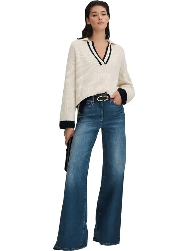 REISS Michaela Textured Open Collar Jumper - Cream/navy