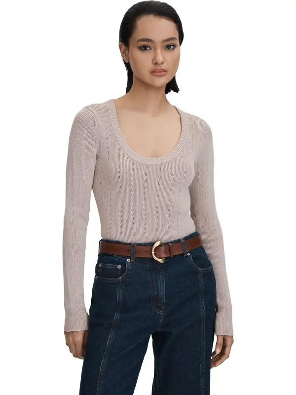 REISS Sierra Scoop Neck Knitted Top - Neutral