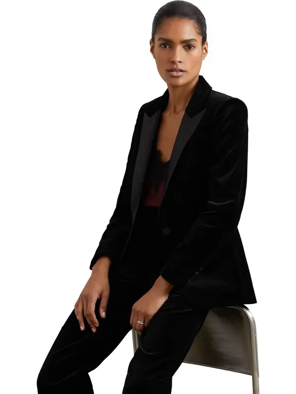 REISS Velvet Single-breasted Peak Lapel Blazer - Black