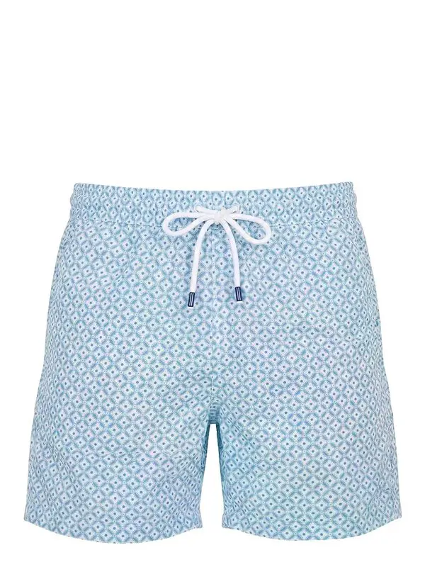 Fedeli Geometric Print Drawstring Swim Shorts - Blue