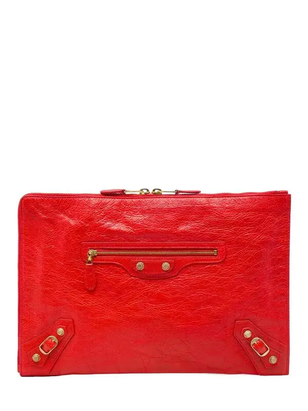Balenciaga 2015 Lambskin Motocross Giant 12 Zip Around Flat Clutch Bag - Red