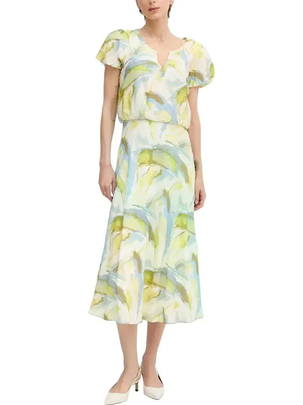 Dkny V-neck Abstract Print Puff Sleeve Midi Dress - White