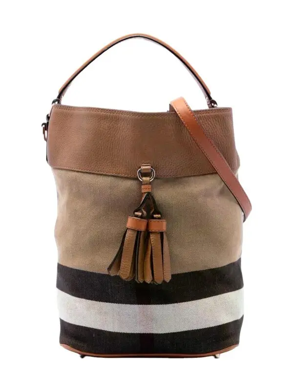 Burberry 2000-2017 Medium Mega Check Canvas And Grained Calfskin Ashby Tassel Bucket Bag Satchel - Brown