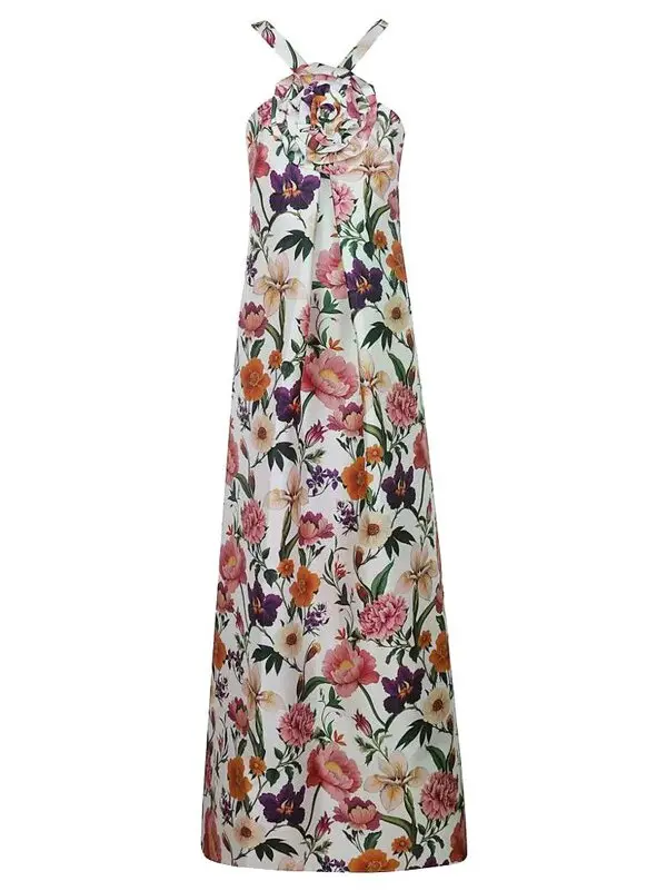 Borgo De Nor Maxi Floral-print Appliqué-detail Dress - White