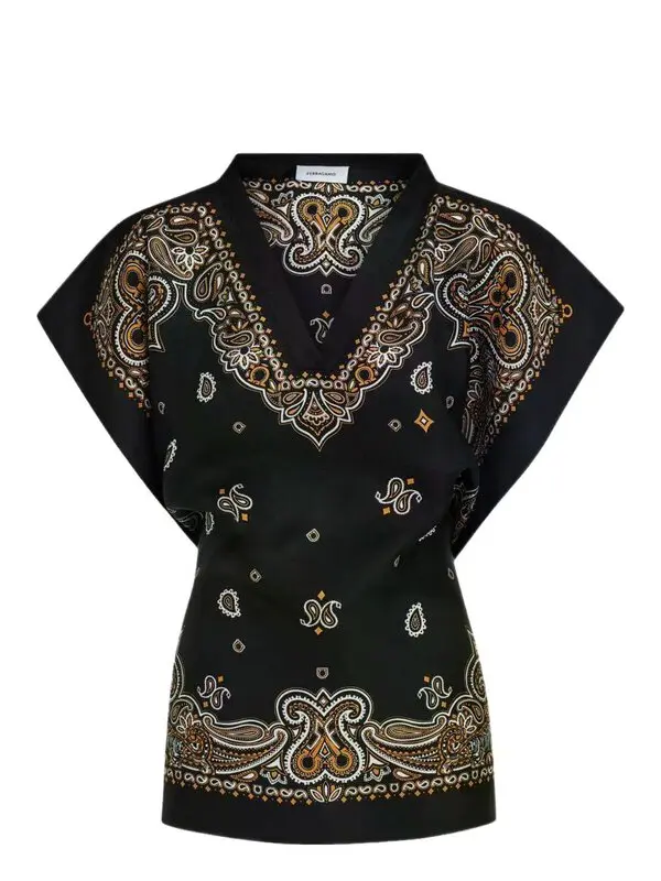 FERRAGAMO Silk Arabesque Print Poncho - Black