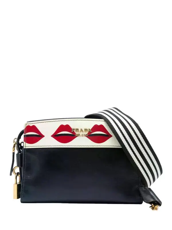 Prada 2000-2013 City Calf And Saffiano Lip Print Esplanade Crossbody Bag - Black