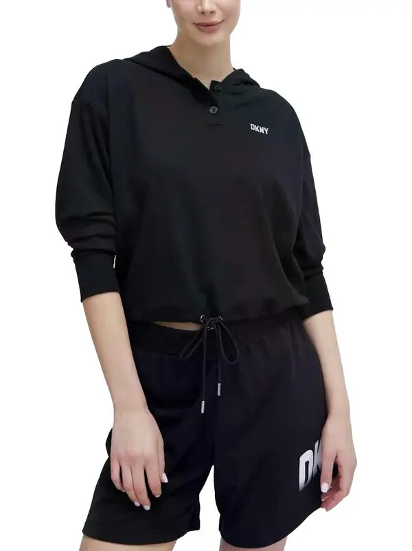 Dkny Button-placket Hoodie With Logo Print - Black