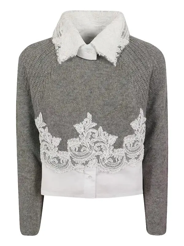 Ermanno Scervino Lace Trim Collared Knit Sweater - Grey