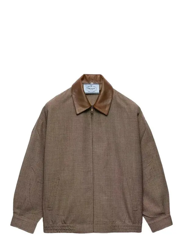 Prada Houndstooth Wool Blouson Jacket With Removable Leather Collar - Brown