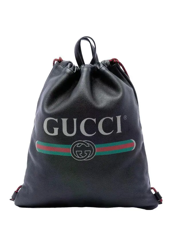 Gucci 2021-2026 Grained Calfskin Web Logo Drawstring Backpack - Black