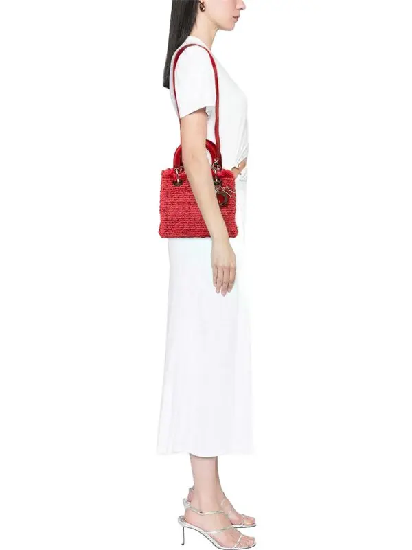 Dior 2012 Medium Tweed Fringe Rhinestone Lady Satchel - Red