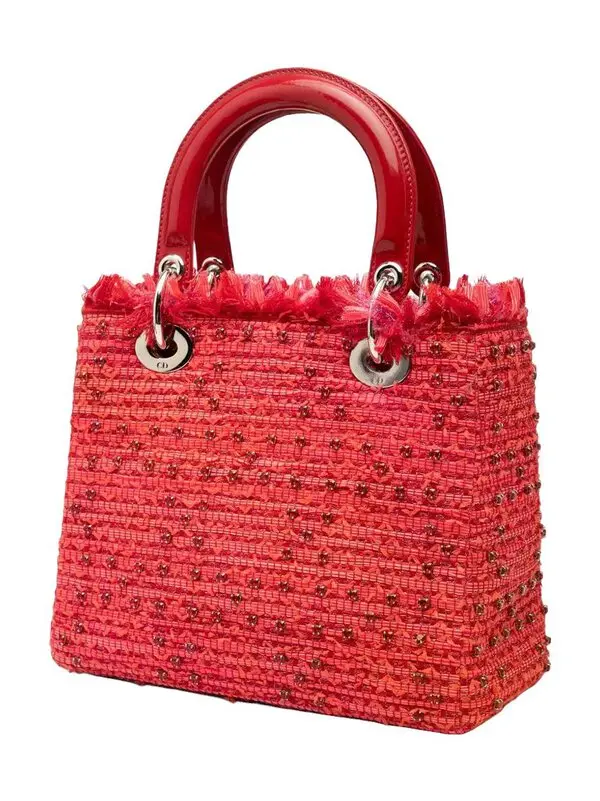Dior 2012 Medium Tweed Fringe Rhinestone Lady Satchel - Red