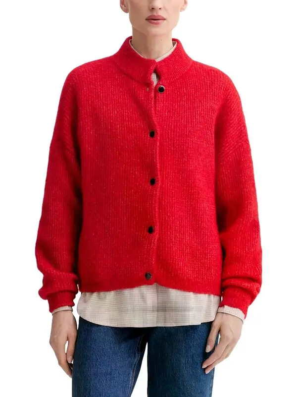 GESTUZ Relaxed Fit Ribbed Knit Cardigan - Red