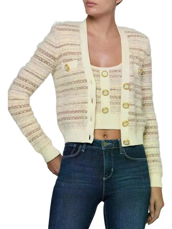 L'Agence Ariadne Striped Eyelash-knit Cardigan - Neutrals