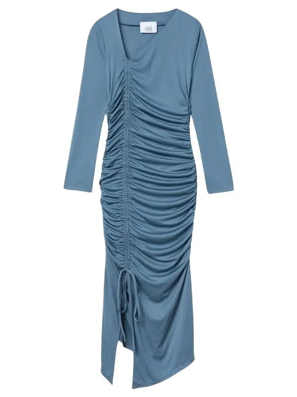 DĀL THE LABEL Ruched Asymmetric Midi Dress Gray - Blue