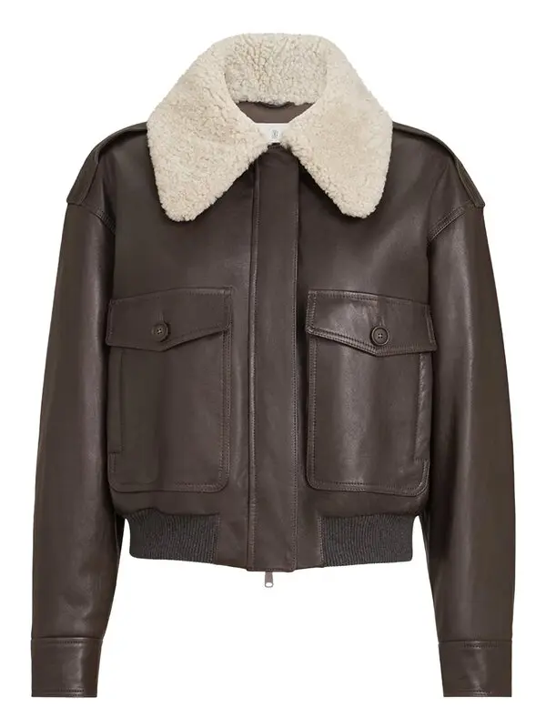 Brunello Cucinelli Nappa Leather Aviator Jacket With Shearling Collar - Brown