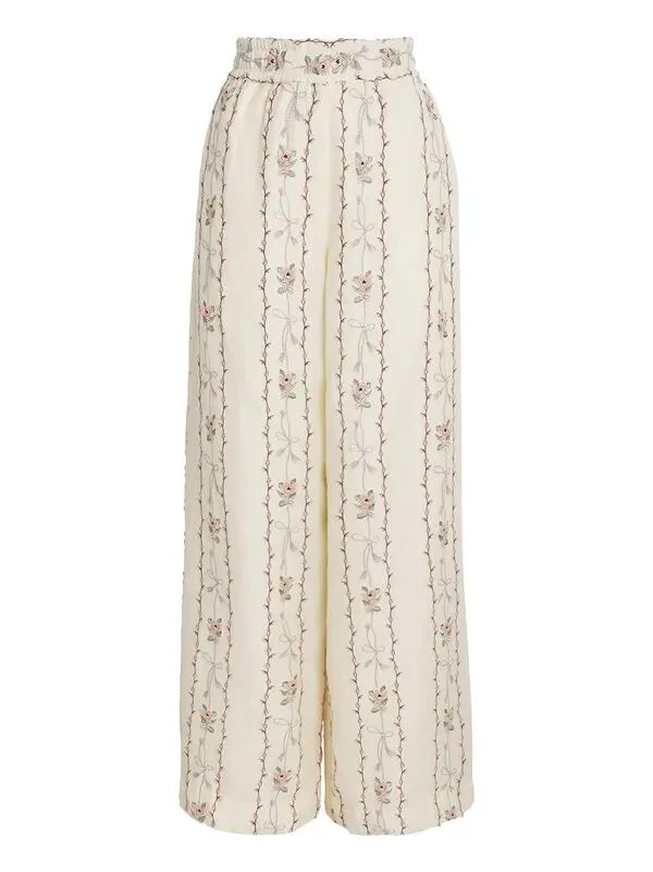 Agua Bendita Tota Navente Embroidered Linen Trousers - Ivory
