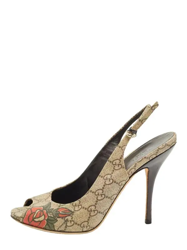 Gucci Gg Supreme Peep-toe Slingback Pumps With Floral Print - Neutrals