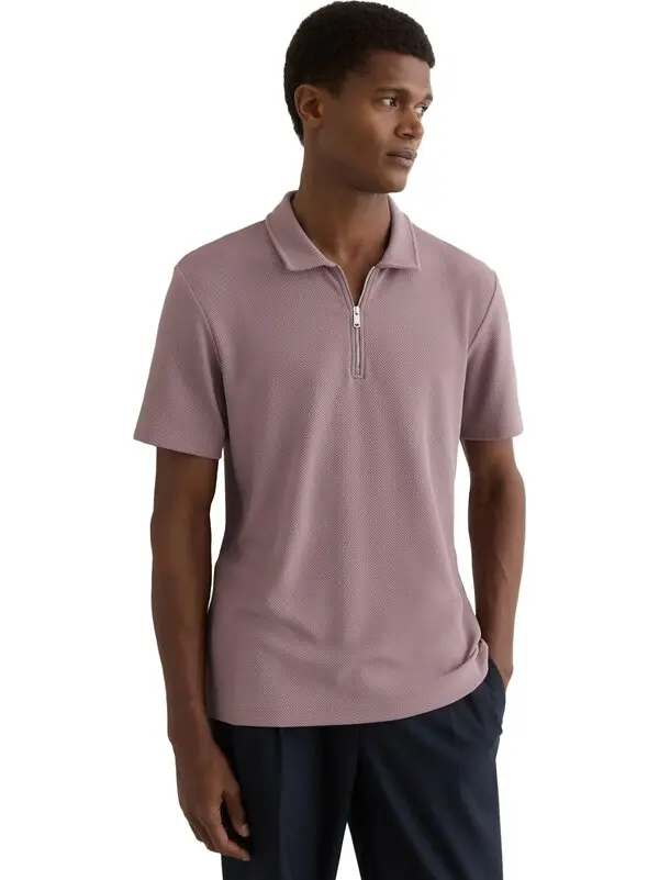 REISS Half-zip Textured Polo Shirt - Raspberry Pink