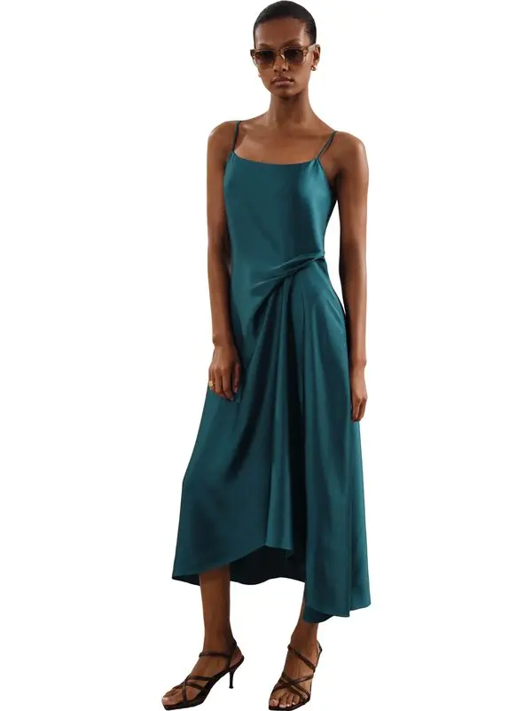 REISS Petite Satin Drape Detail Slip Dress - Green