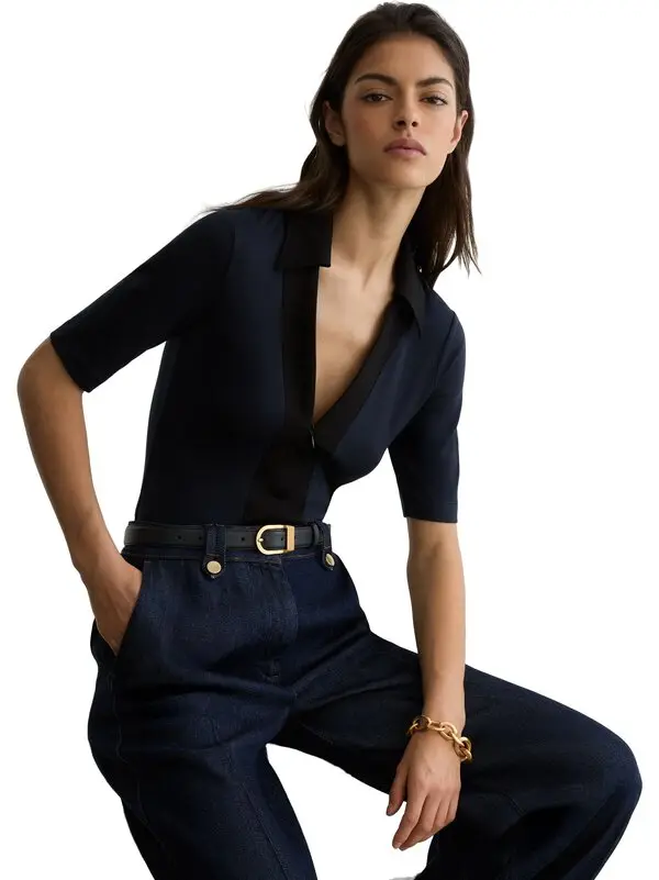 REISS Denny Colour-block Half-zip Polo Top - Navy/black